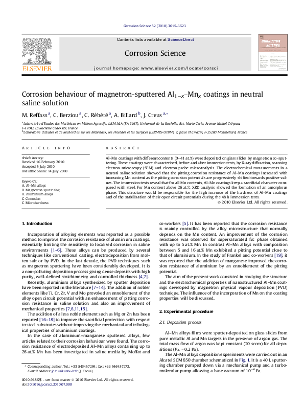 (PDF) Corrosion behaviour of magnetron-sputtered Al1−x–Mnx coatings in neutral saline solution
