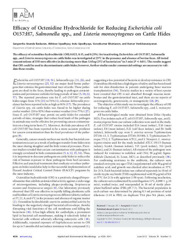 Pdf Efficacy Of Octenidine Hydrochloride For Reducing Escherichia Coli O157 H7 Salmonella Spp