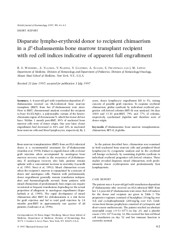 (PDF) Disparate lympho-erythroid donor to recipient chimaerism in a Î²Â ...