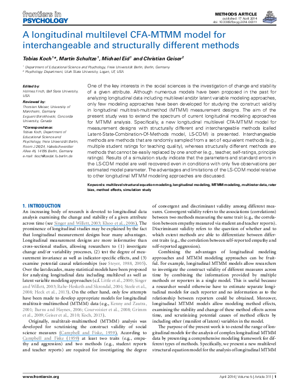 (PDF) A longitudinal multilevel CFA-MTMM model for interchangeable and ...