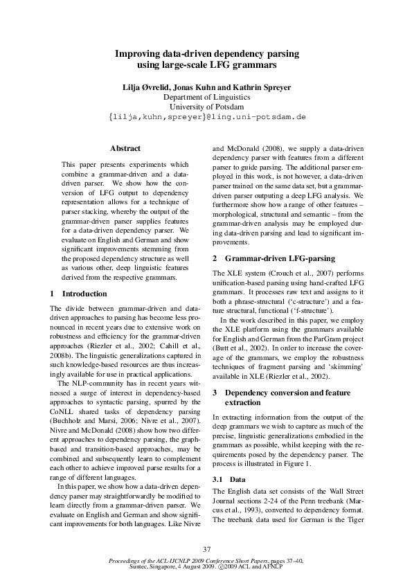 Pdf Improving Data Driven Dependency Parsing Using Large Scale Lfg Grammars