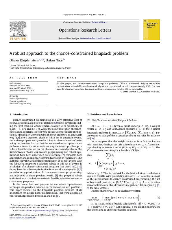 (PDF) A robust approach to the chance-constrained knapsack problem