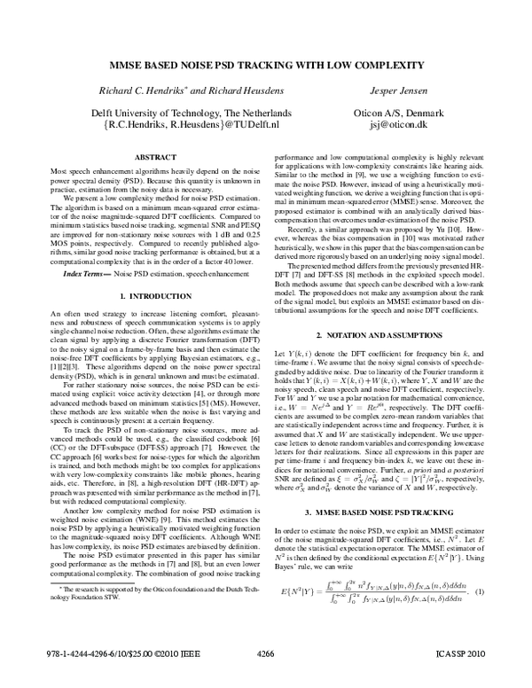 Pdf Mmse Based Noise Psd Tracking With Low Complexity