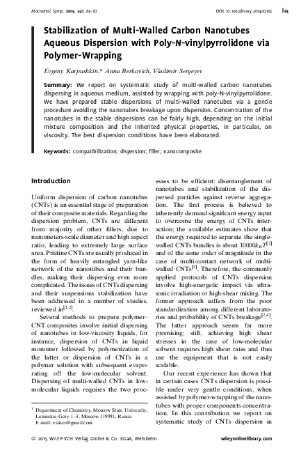 (PDF) Stabilization of Multi-Walled Carbon Nanotubes Aqueous Dispersion with Poly- N ...
