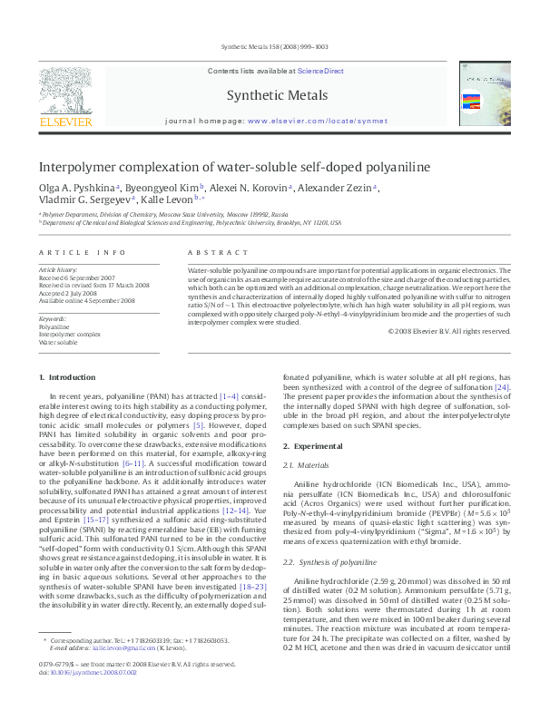 (PDF) Interpolymer complexation of water-soluble self-doped polyaniline