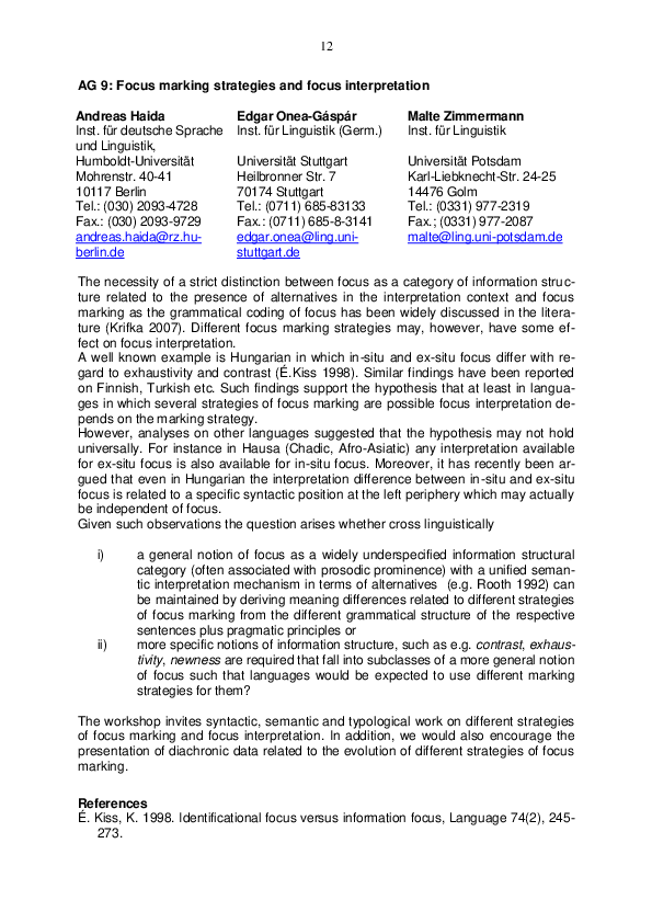 (PDF) AG 9: Focus marking strategies and focus interpretation