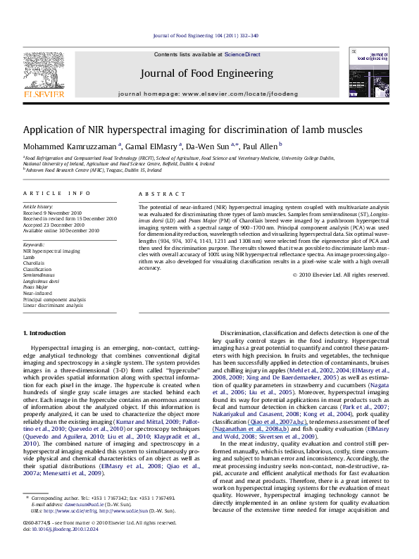 (PDF) Application of NIR hyperspectral imaging for discrimination of lamb muscles