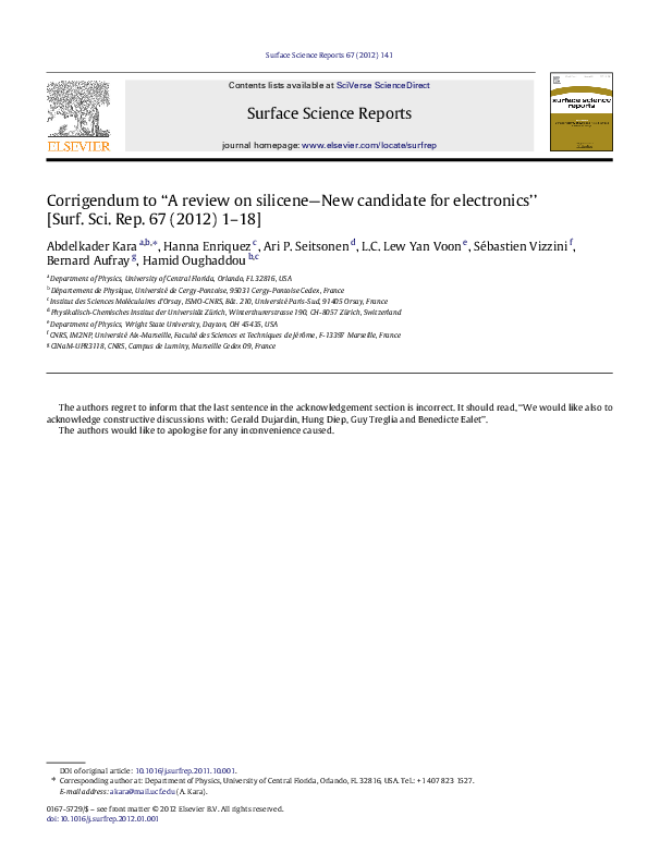 (PDF) Corrigendum to “A review on silicene—New candidate for electronics” [Surf. Sci. Rep. 67 ...
