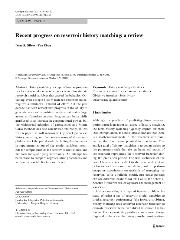(PDF) Recent progress on reservoir history matching: a review
