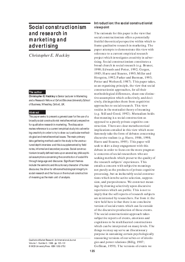 (PDF) Social constructionism and research in marketing and advertising