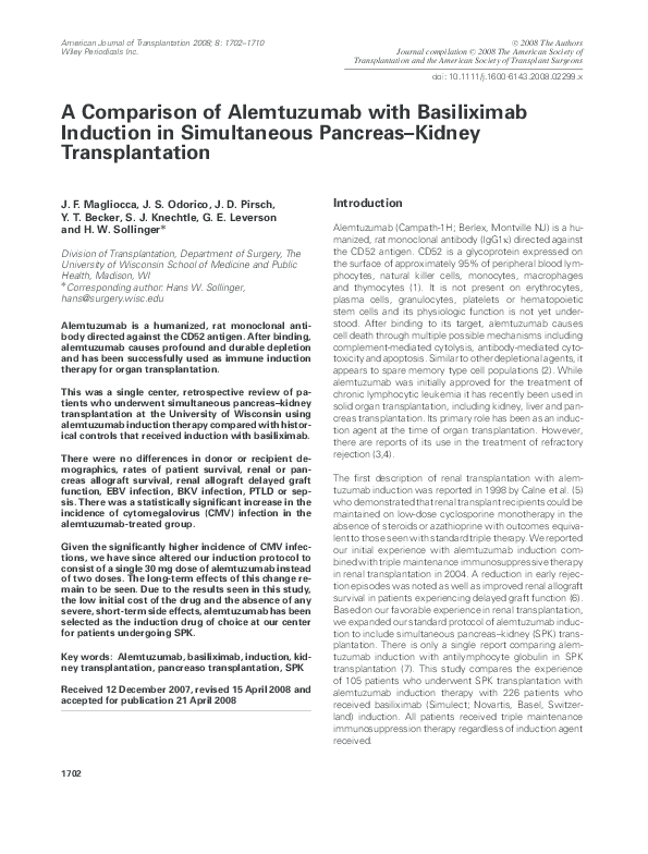 (PDF) A Comparison of Alemtuzumab with Basiliximab Induction in ...