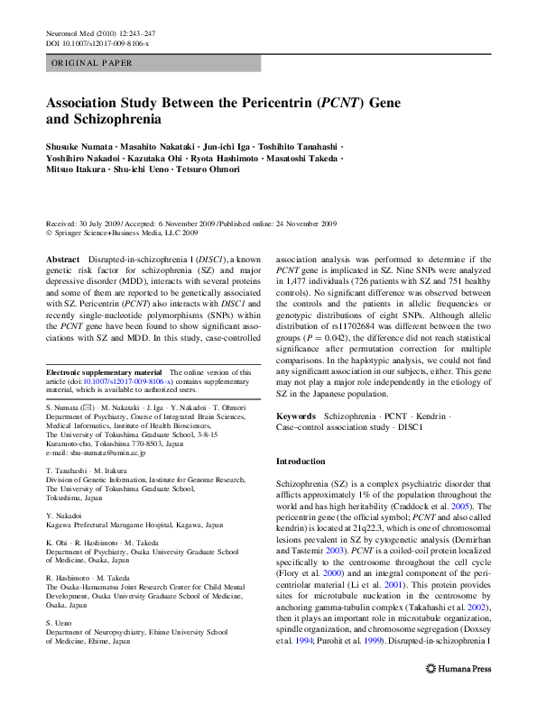 Association Study Between the Pericentrin (PCNT) Gene and Schizophrenia