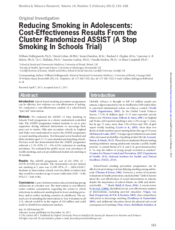 (PDF) Reducing Smoking in Adolescents: Cost-Effectiveness Results From ...