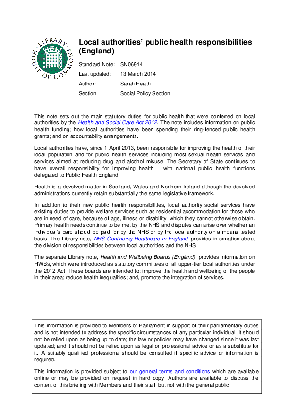 (PDF) Local authorities' public health responsibilities (England