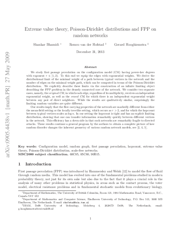 (PDF) Extreme value theory, Poisson-Dirichlet distributions and FPP on random networks