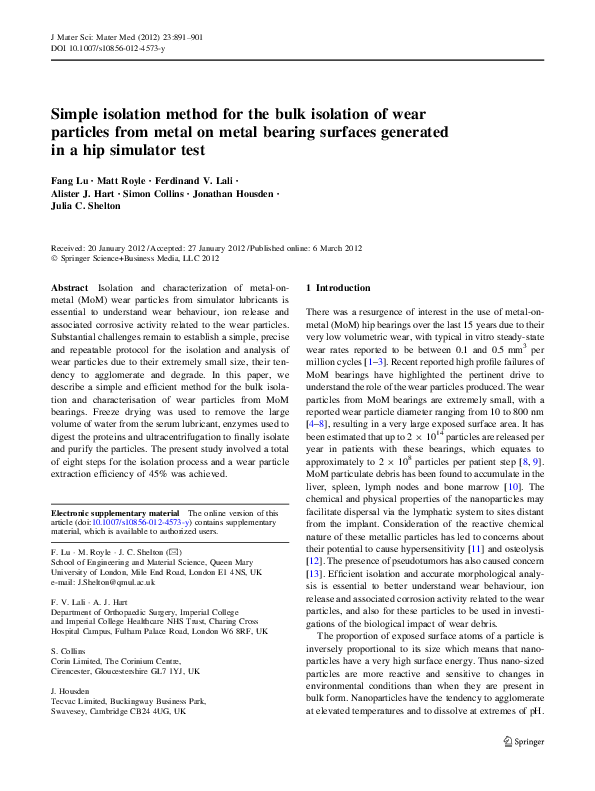 (PDF) Simple isolation method for the bulk isolation of wear particles ...