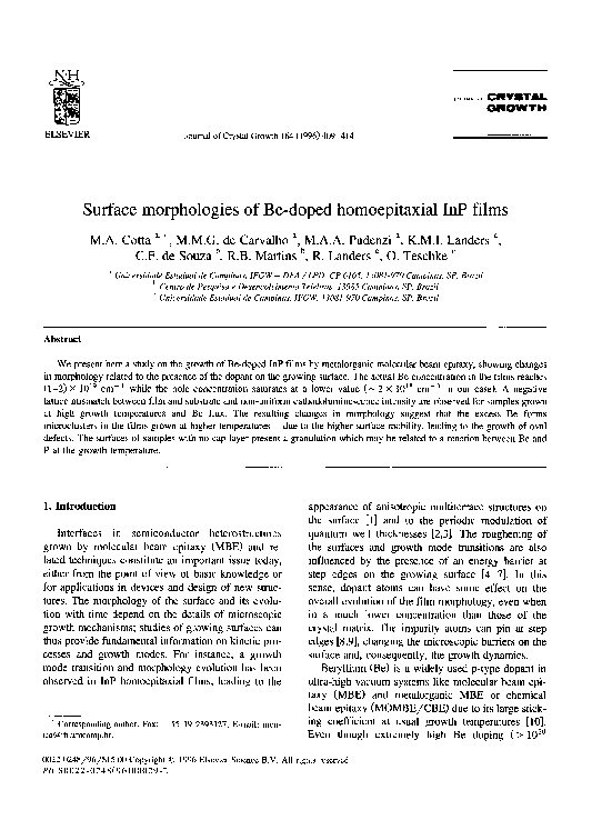 (PDF) Surface morphologies of Be-doped homoepitaxial InP films