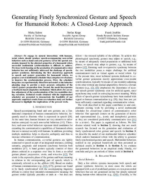 (PDF) Generating finely synchronized gesture and speech for humanoid robots: A closed-loop approach