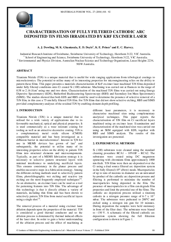 (PDF) CHARACTERISATION OF FULLY FILTERED CATHODIC ARC DEPOSITED TiN ...