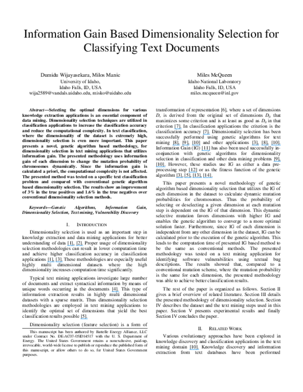 Pdf Information Gain Based Dimensionality Selection For Classifying Text Documents Dumidu