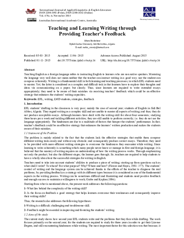 (PDF) Teaching and Learning Writing through Providing Teacher's Feedback
