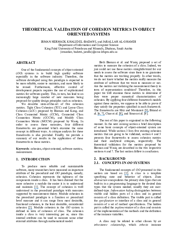 Pdf Theoretical Validation Of Cohesion Metrics In Object Oriented Systems