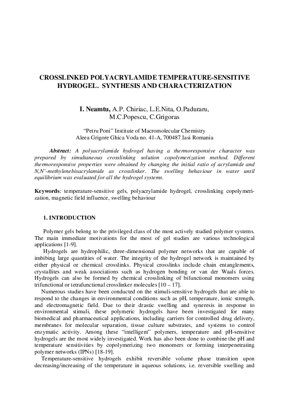(PDF) Crosslinked Polyacrylamide Temperature-Sensitive Hydrogel ...