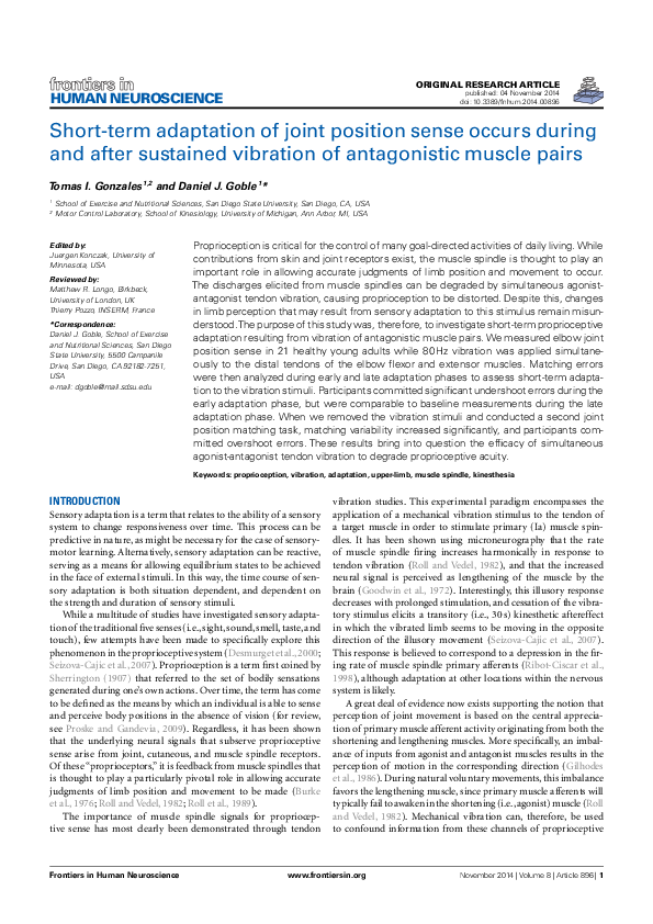 (PDF) Short-Term Adaptation of Joint Position Sense Occurs during and ...