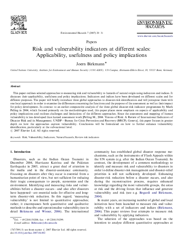 (PDF) Risk and vulnerability indicators at different scales ...