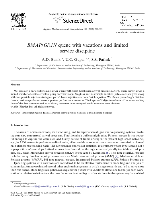 (PDF) BMAP/G/1/N queue with vacations and limited service discipline