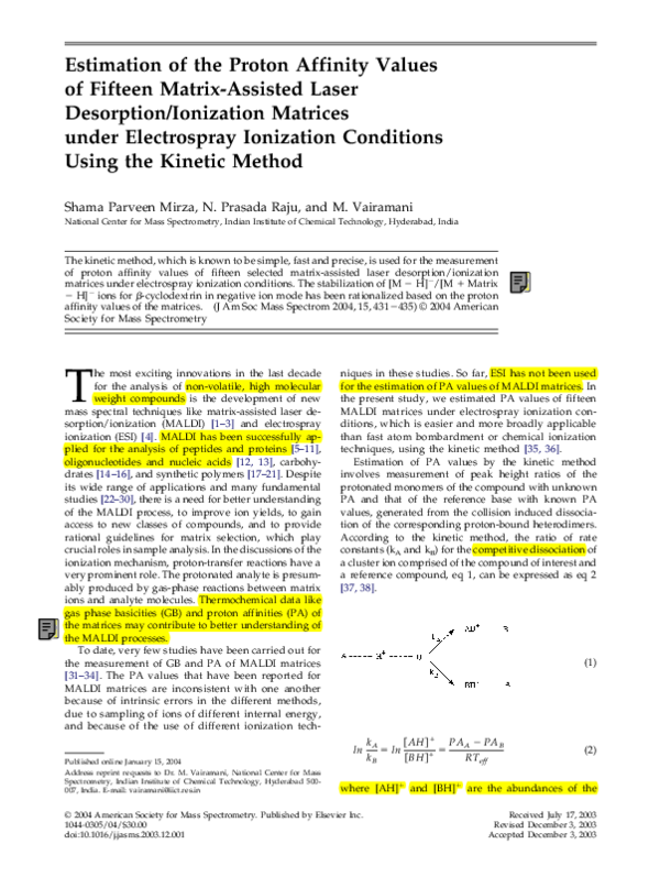 (PDF) Estimation of the Proton Affinity Values of Fifteen Matrix ...