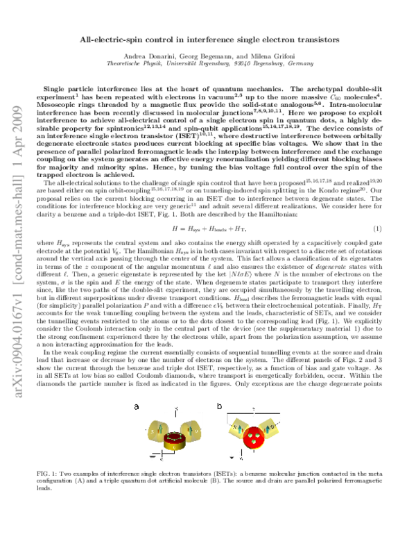 (PDF) All-Electric Spin Control in Interference Single Electron Transistors (PDF) All-Electric Spin Control in Interference Single Electron Transistors
