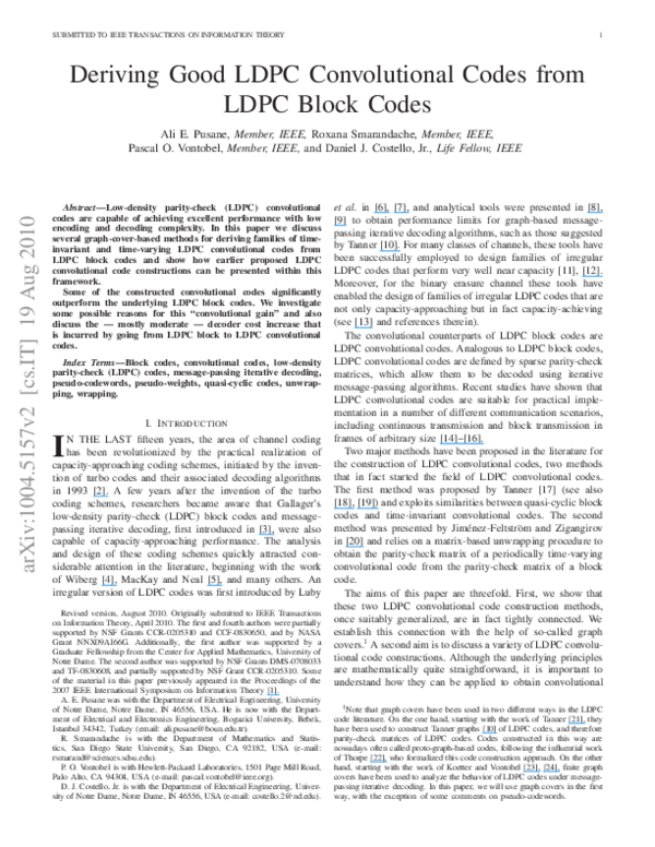 Pdf Deriving Good Ldpc Convolutional Codes From Ldpc Block Codes