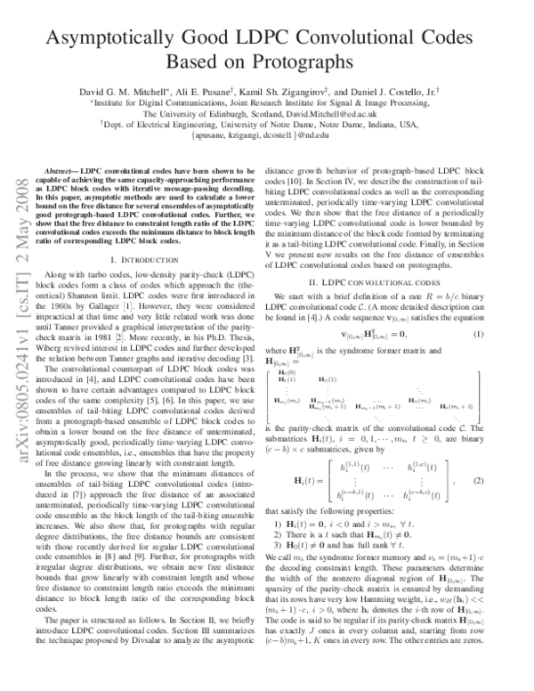 (PDF) Asymptotically good LDPC convolutional codes based on protographs