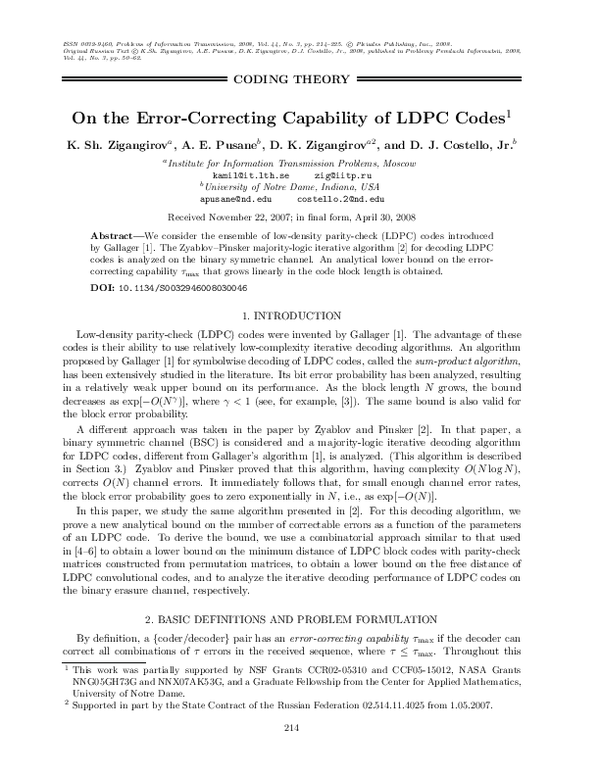 Pdf On The Error Correcting Capability Of Ldpc Codes