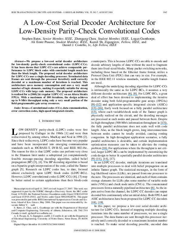 Pdf A Low Cost Serial Decoder Architecture For Low Density Parity Check Convolutional Codes
