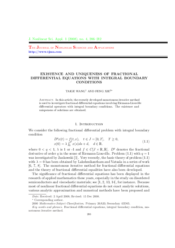 Pdf Existence And Uniqueness Of Fractional Differential Equations With Integral Boundary