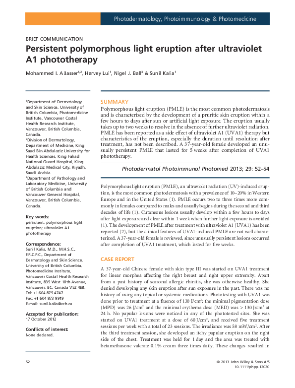 (PDF) Persistent polymorphous light eruption after ultraviolet A1 phototherapy
