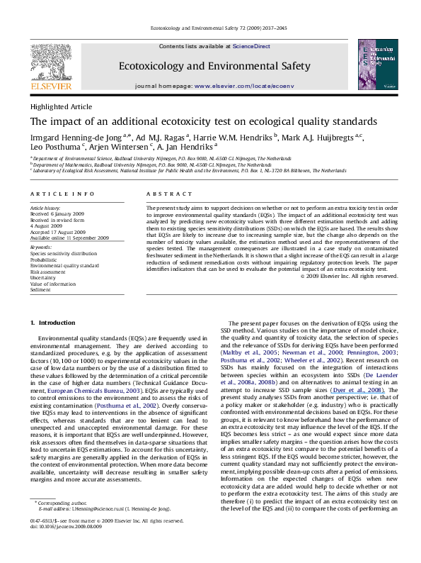 (PDF) The impact of an additional ecotoxicity test on ecological ...