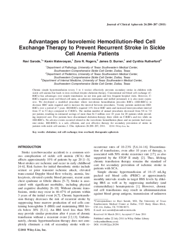 (PDF) Advantages of isovolemic hemodilution-red cell exchange therapy ...