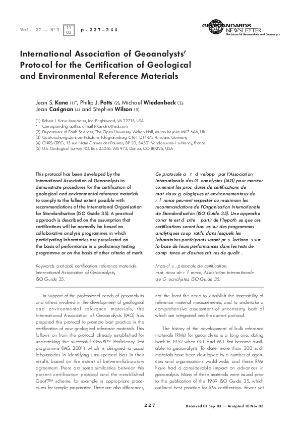 (PDF) International Association of Geoanalysts?Protocol for the ...