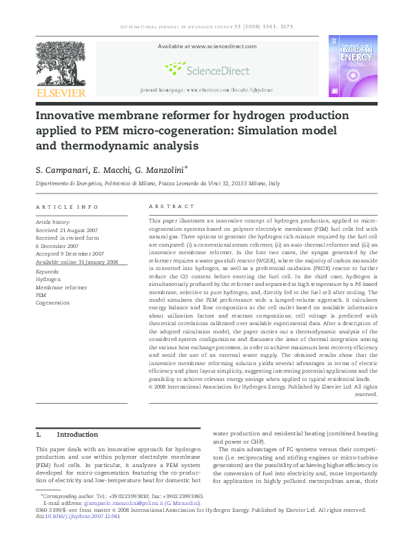 (PDF) Innovative membrane reformer for hydrogen production applied to ...