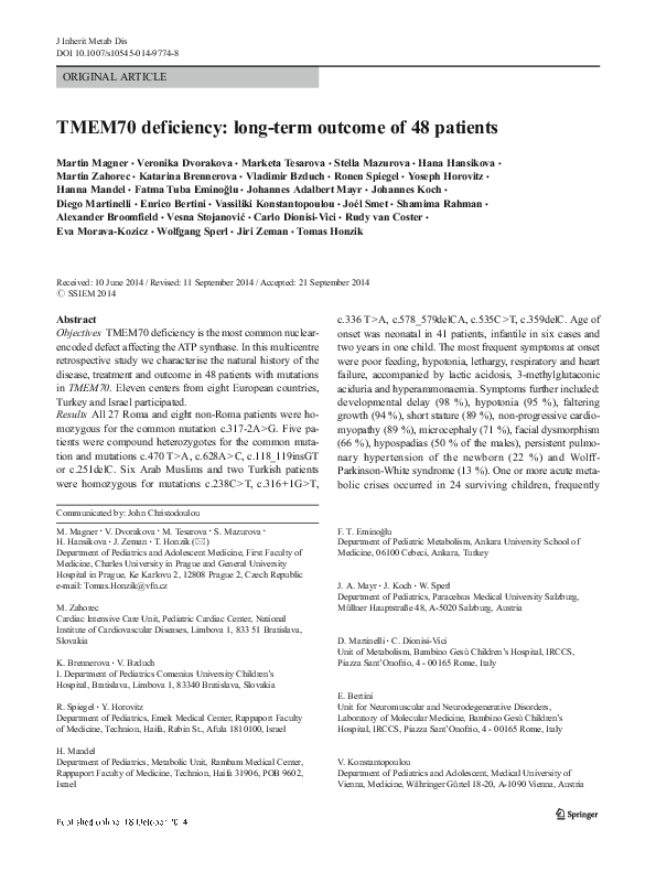 (PDF) TMEM70 deficiency: long-term outcome of 48 patients