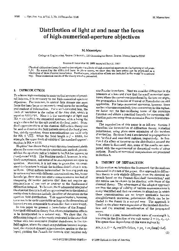 Pdf Distribution Of Light At And Near The Focus Of High Numerical Aperture Objectives