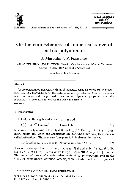 (PDF) On the connectedness of numerical range of matrix polynomials