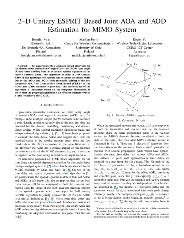(PDF) 2-D Unitary ESPRIT Based Joint AOA and AOD Estimation for MIMO System