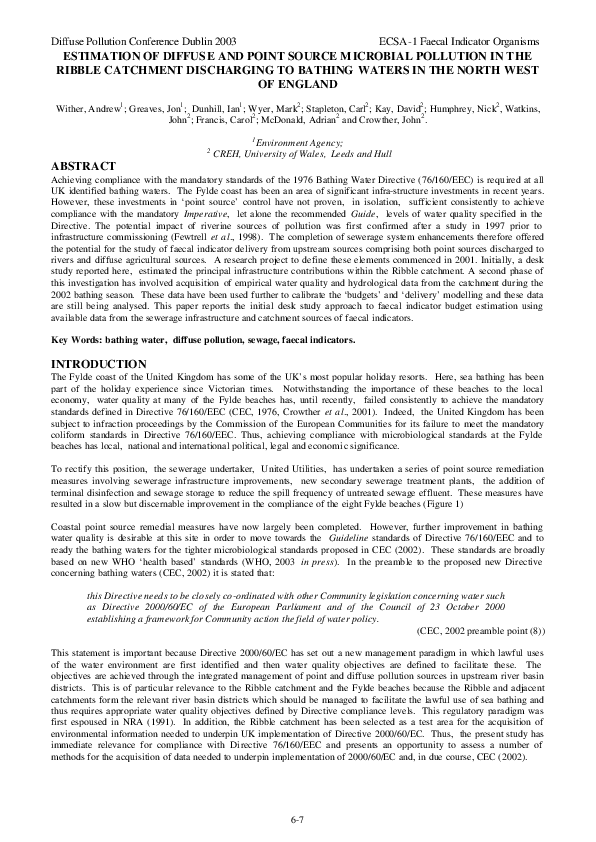 (PDF) Estimation of diffuse and point source microbial pollution in the ...