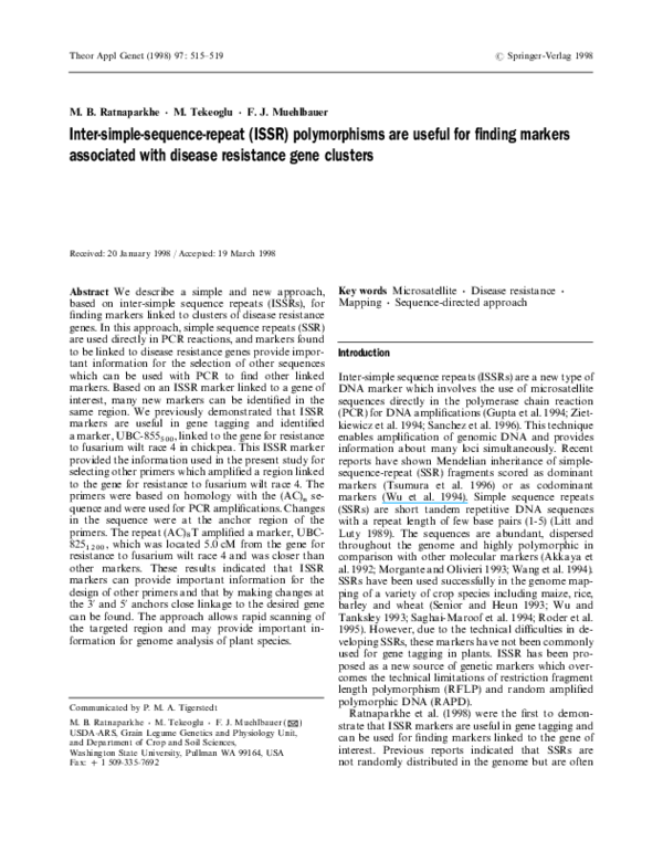 Pdf Inter Simple Sequence Repeat Issr Polymorphisms Are Useful For Finding Markers