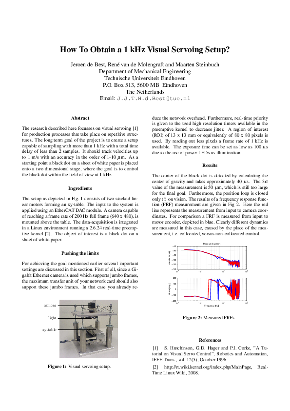 (PDF) How To Obtain a 1 kHz Visual Servoing Setup