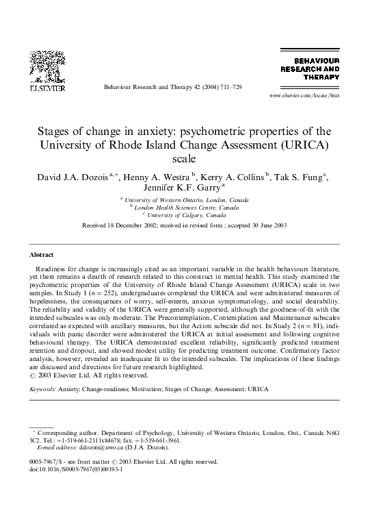 (PDF) Stages of change in anxiety: psychometric properties of the ...